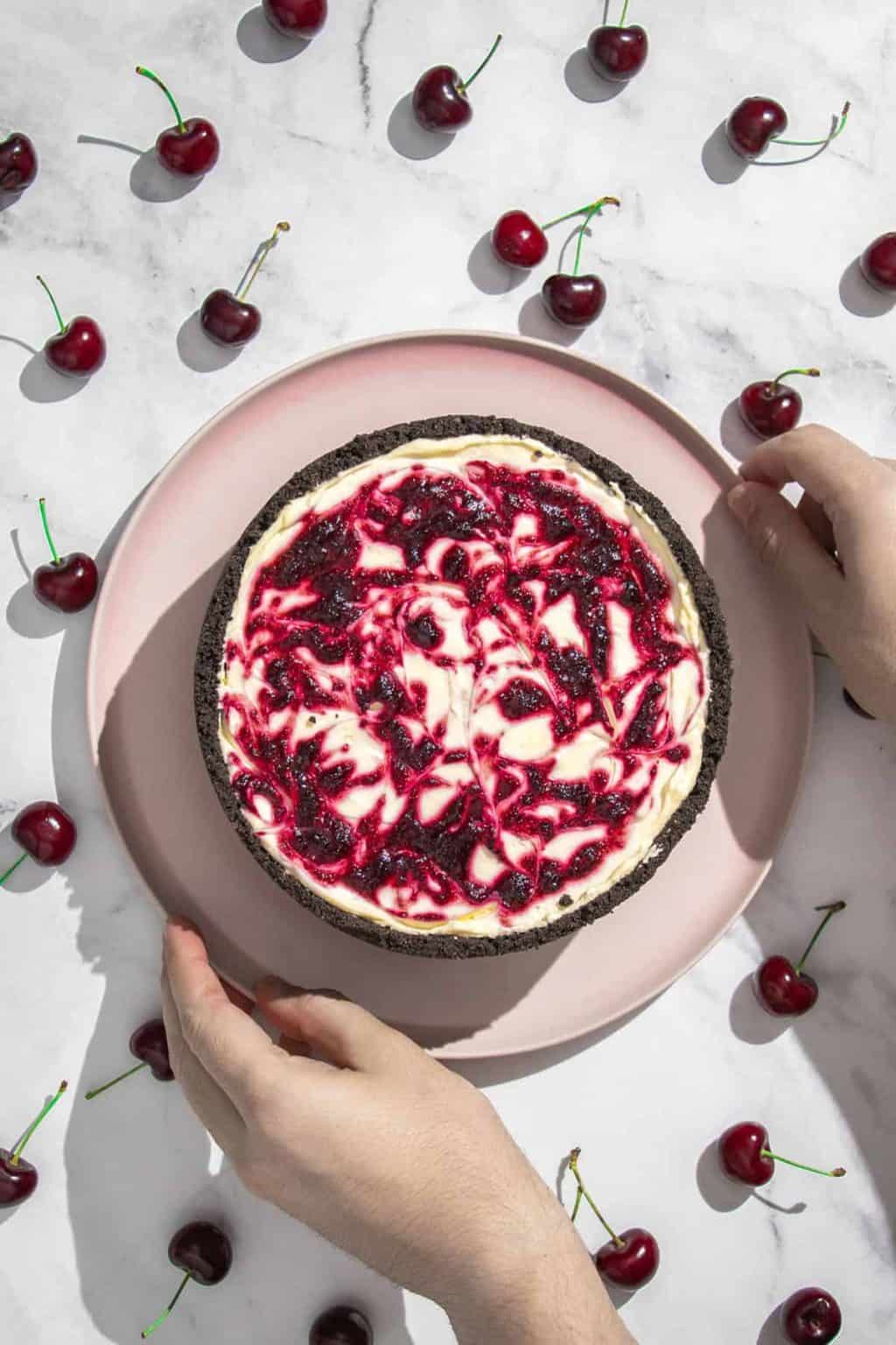 No-Bake Cherry Ripple Cheesecake - The Scran Line